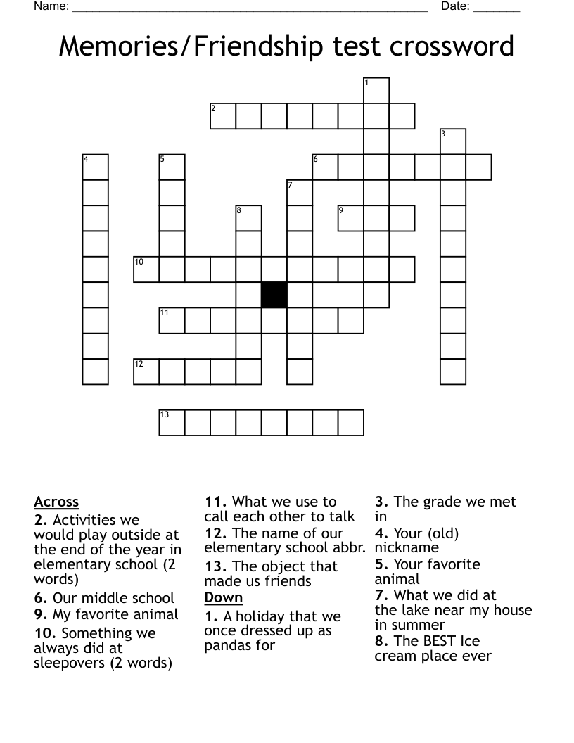 Memories/Friendship test crossword - WordMint