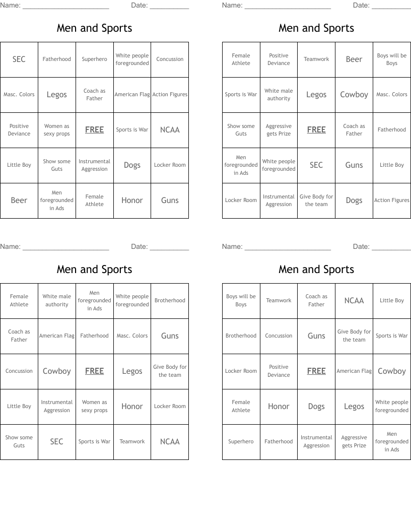 Men and Sports Bingo Cards - WordMint