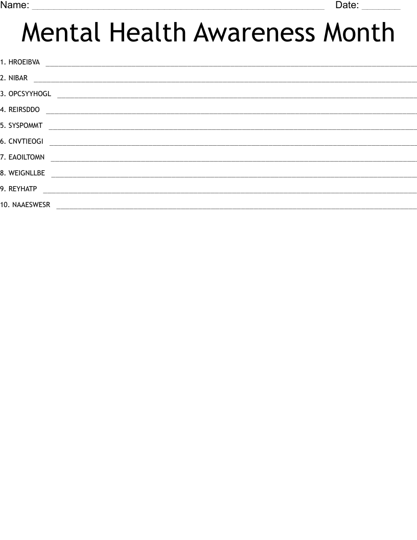 Mental Health Awareness Month Word Scramble - WordMint