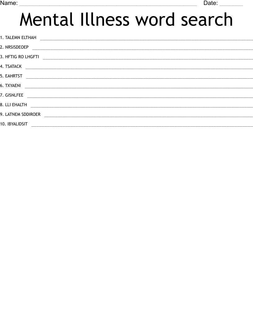 Mental Illness word search Word Scramble - WordMint