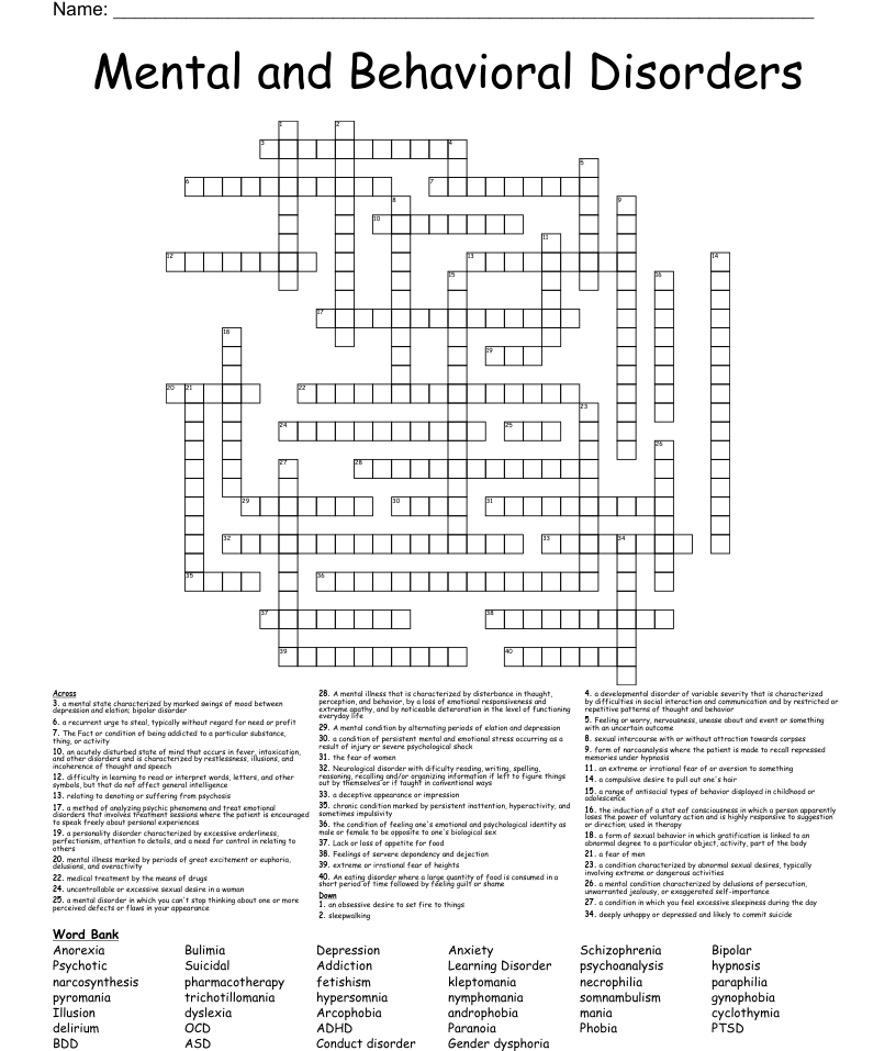 Mental Health Crosswords, Word Searches, Bingo Cards - WordMint