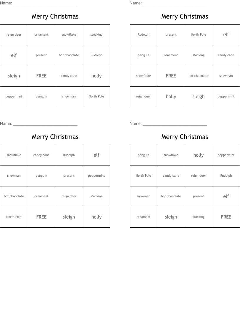 Merry Christmas Bingo Cards WordMint Merry Christmas Bingo Cards WordMint