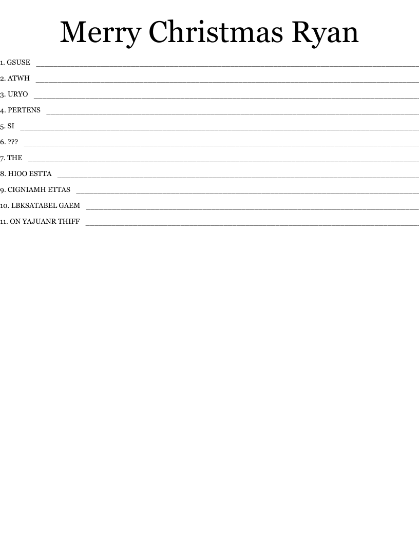 Merry Christmas Ryan Word Scramble - WordMint
