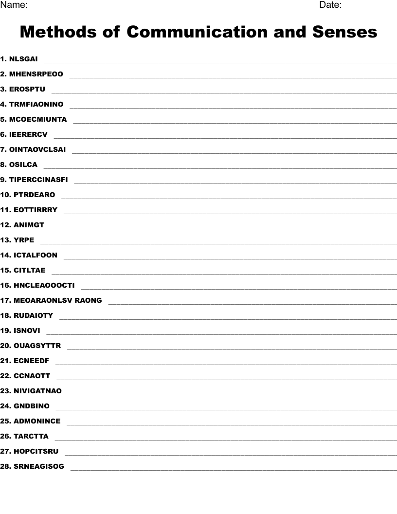 Methods of Communication and Senses Word Scramble - WordMint