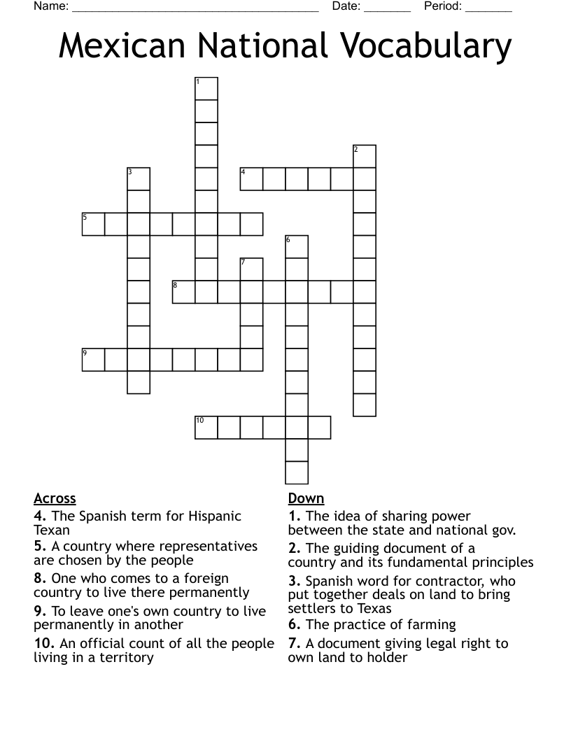 Mexican National Vocabulary Crossword - WordMint