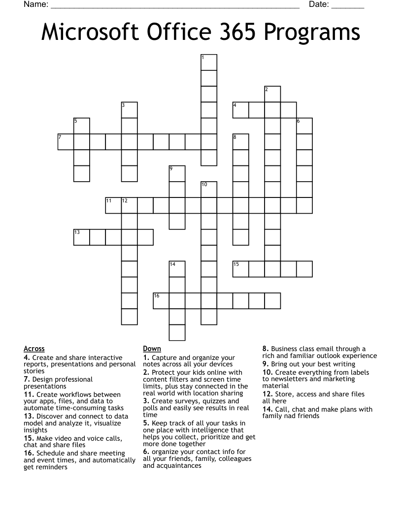 Microsoft Spreadsheet Program Crossword Vocabulary Excel Crossword 