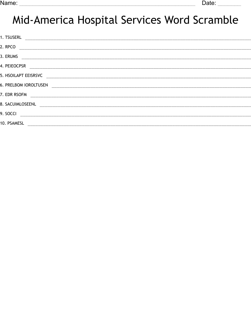 Mid-America Hospital Services Word Scramble - WordMint