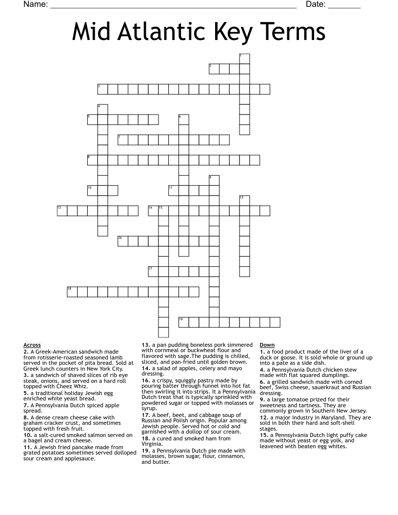 Mid Atlantic Key Terms Crossword - WordMint