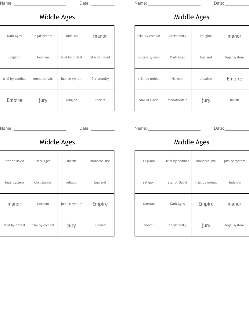Middle Ages Bingo Cards - WordMint