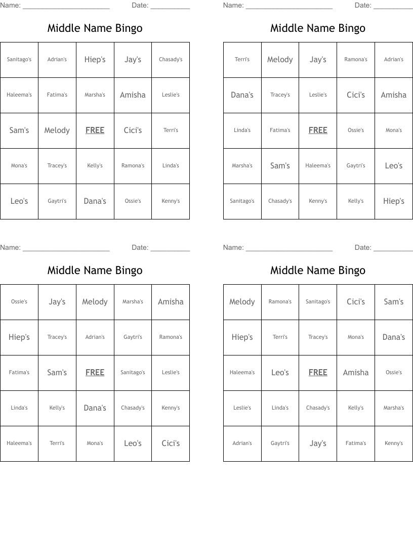Middle Name Bingo - WordMint