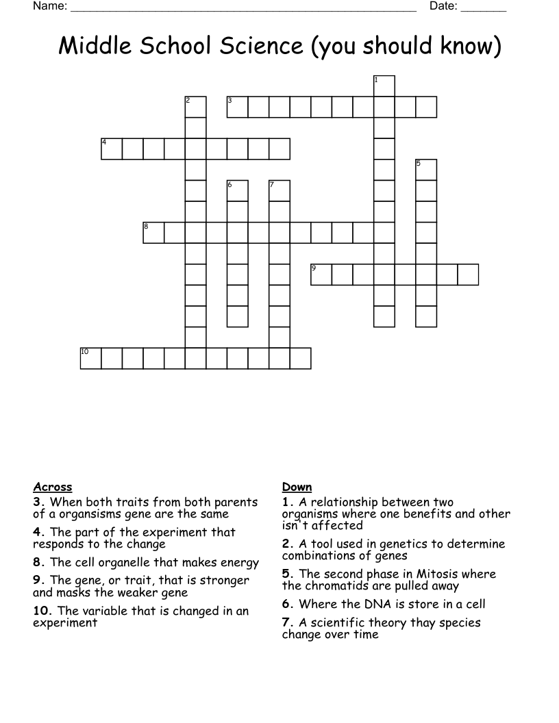 Middle School Science (you should know) Crossword - WordMint