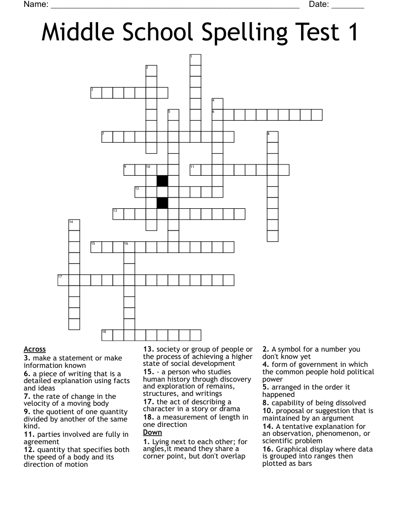 Middle School Spelling Test 1 Crossword - WordMint