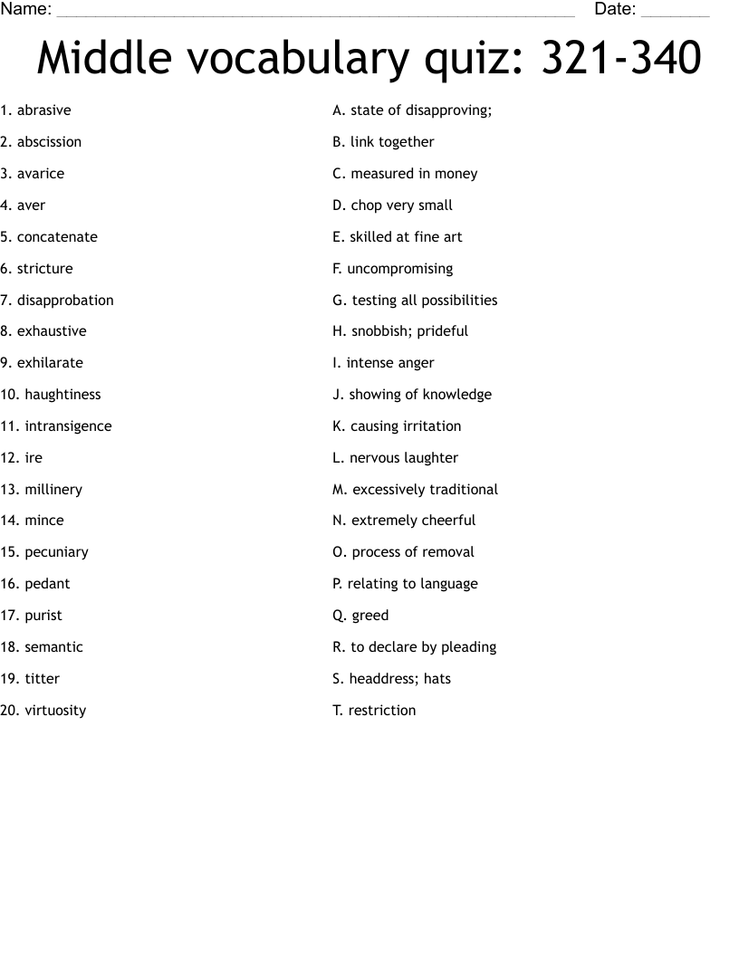 Middle vocabulary quiz: 321-340 Worksheet - WordMint