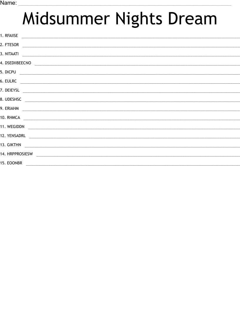 Midsummer Nights Dream Word Scramble - WordMint