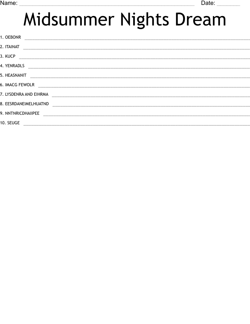 Midsummer Nights Dream Word Scramble - WordMint