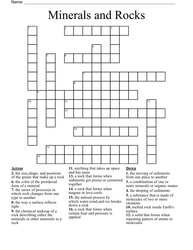 Minerals and Rocks Crossword - WordMint
