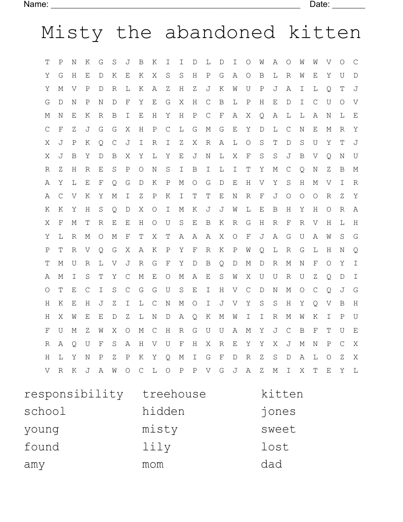 Misty the abandoned kitten Word Search - WordMint