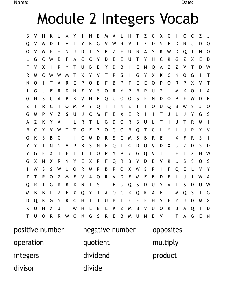 Module 2 Integers Vocab Word Search - WordMint