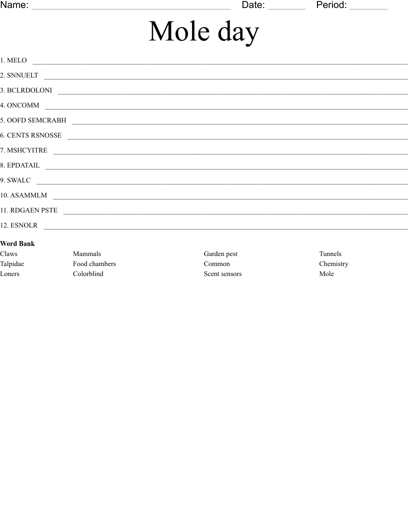 Mole day Word Scramble - WordMint