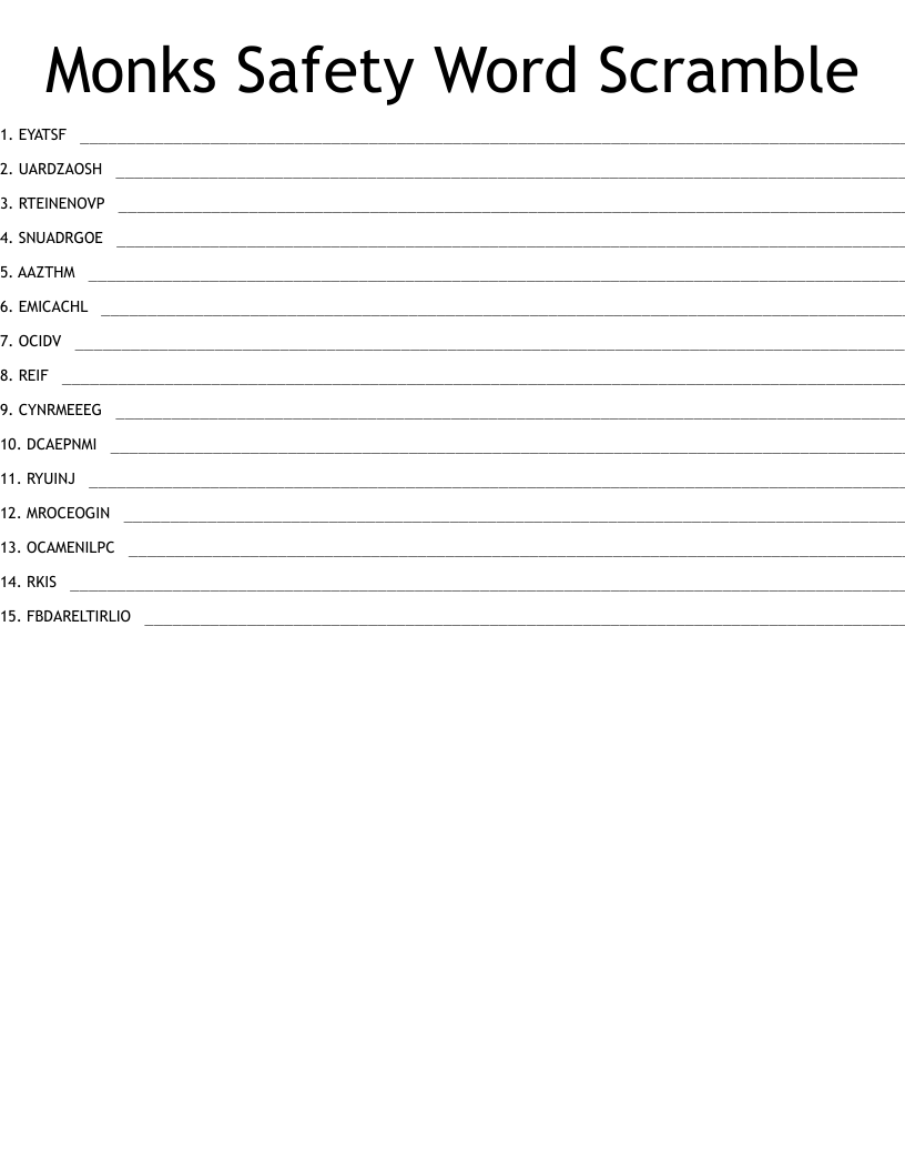Monks Safety Word Scramble - WordMint