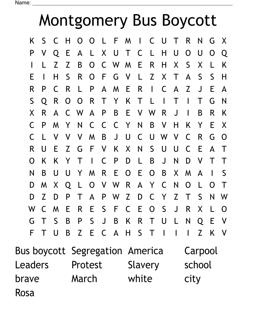 Montgomery Bus Boycott Word Search - WordMint