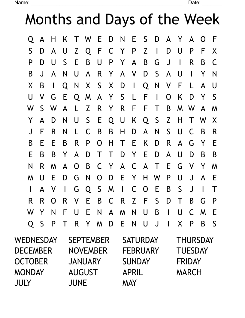 Days Of The Week Word Search WordMint