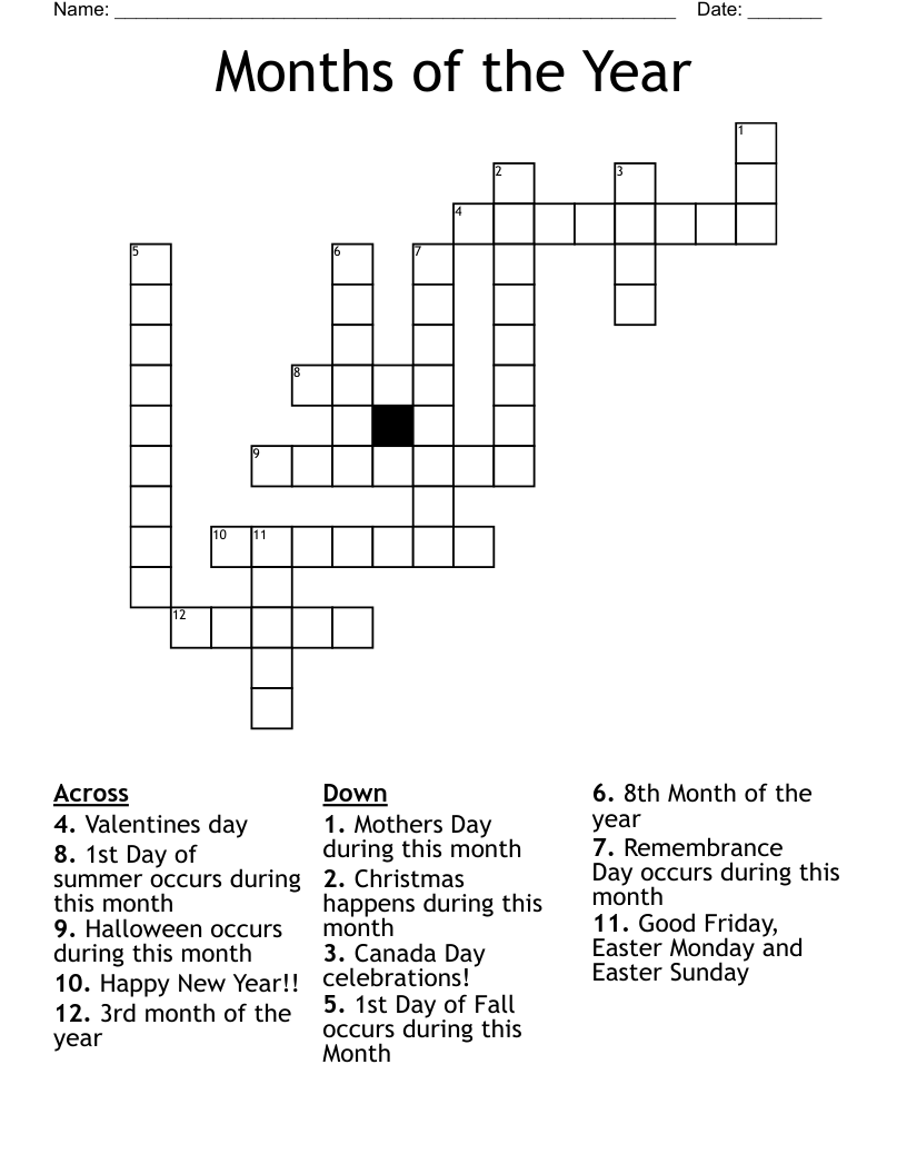 Months of the Year Crossword - WordMint