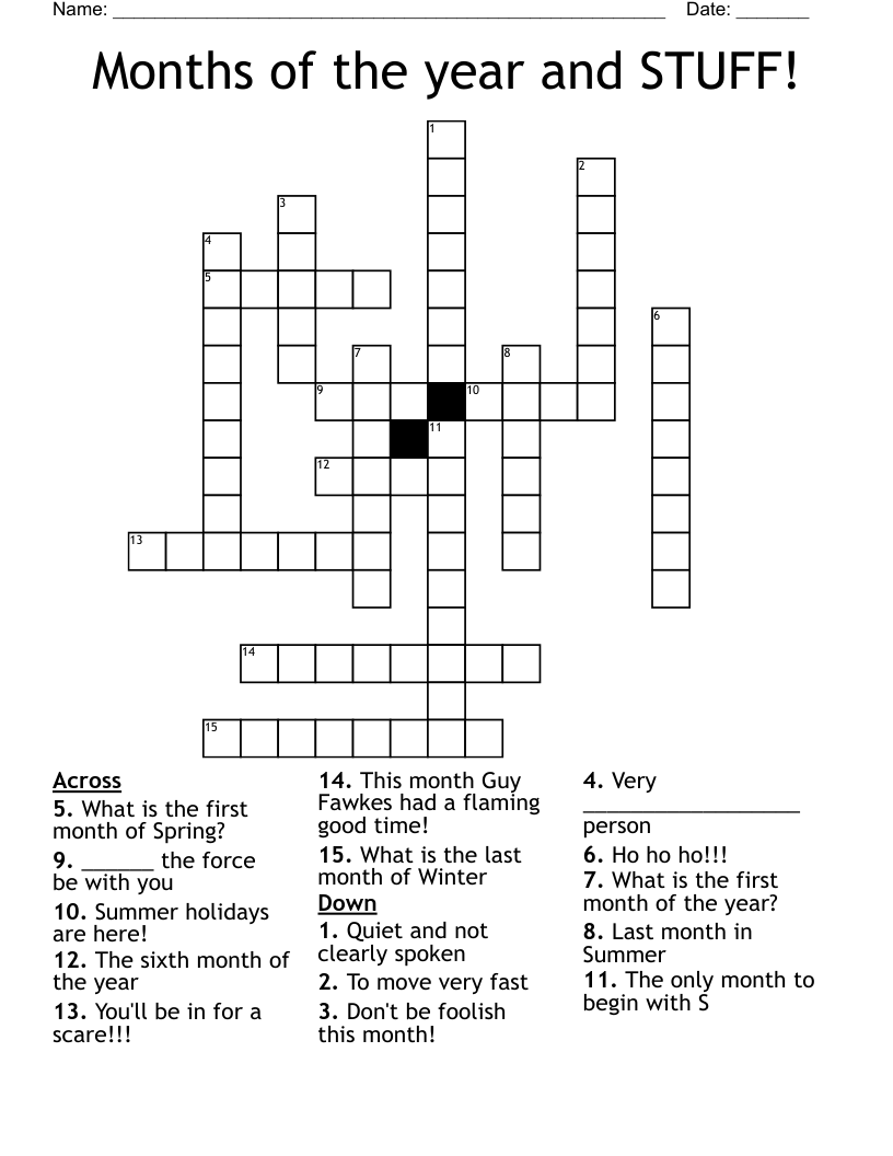 Months of the year and STUFF! Crossword - WordMint