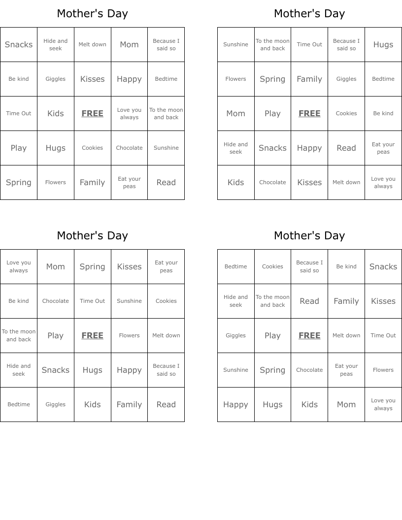 Mother's Day Bingo Cards - WordMint