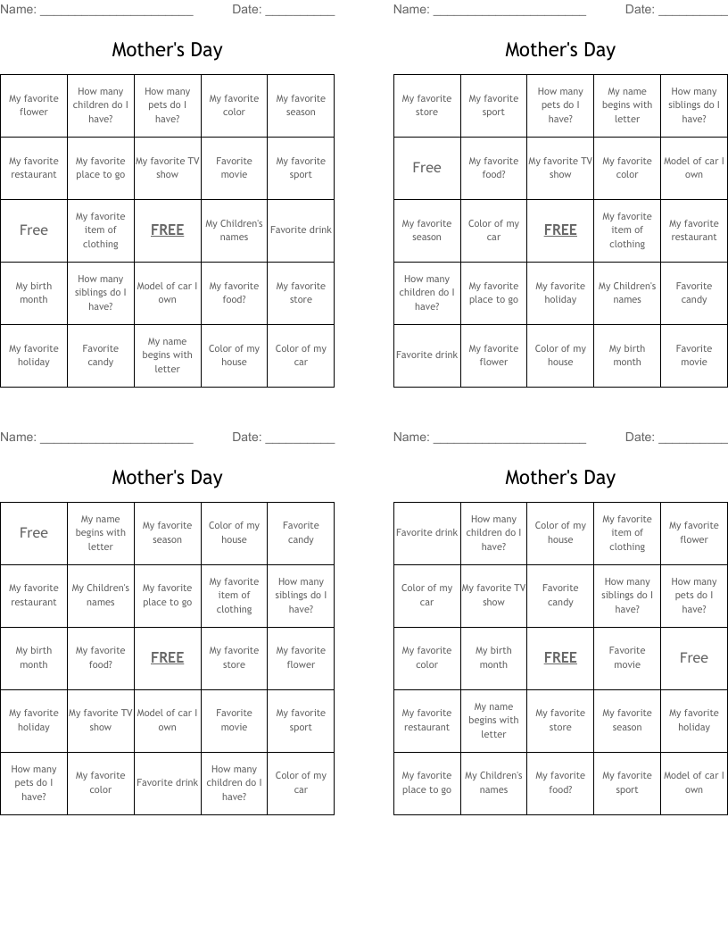 Mother's Day Bingo Cards - WordMint