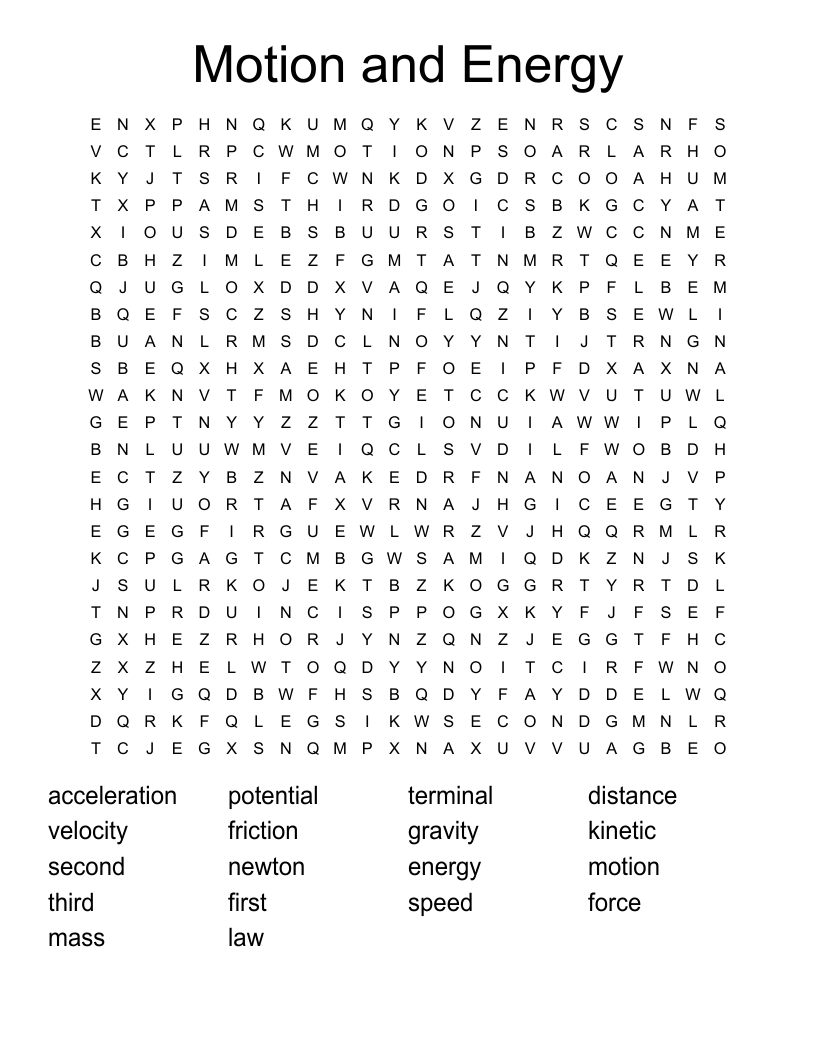 Motion and Energy Word Search - WordMint