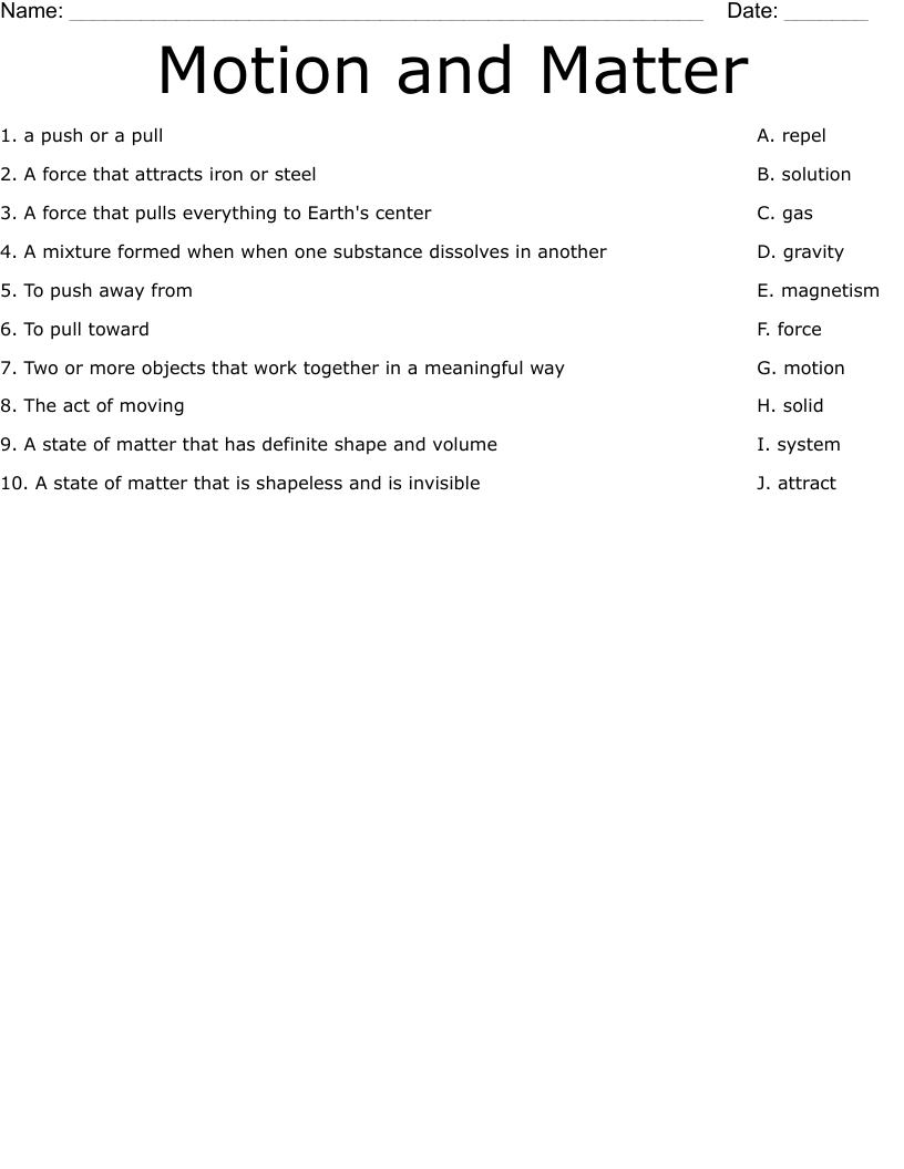 Motion and Matter Worksheet - WordMint