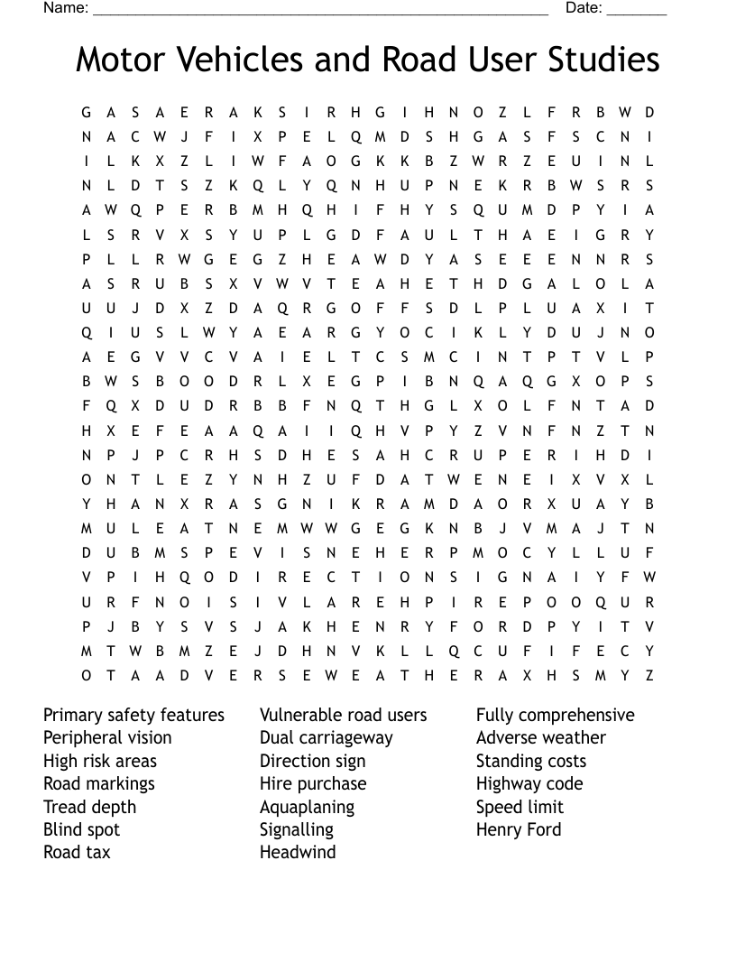 Motor Vehicles and Road User Studies Word Search - WordMint