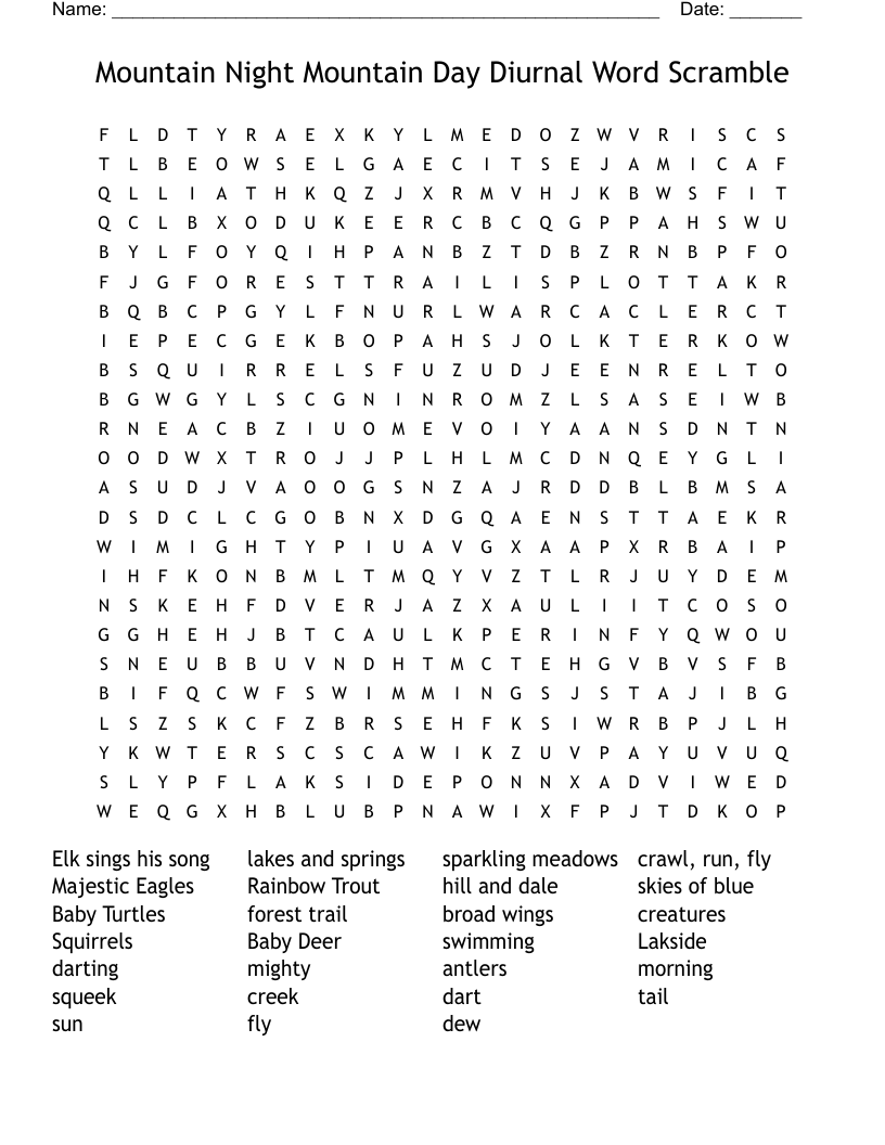 Mountain Night Mountain Day Diurnal Word Scramble Word Search - WordMint