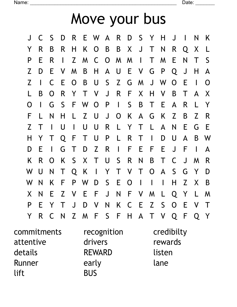 Move your bus Word Search - WordMint