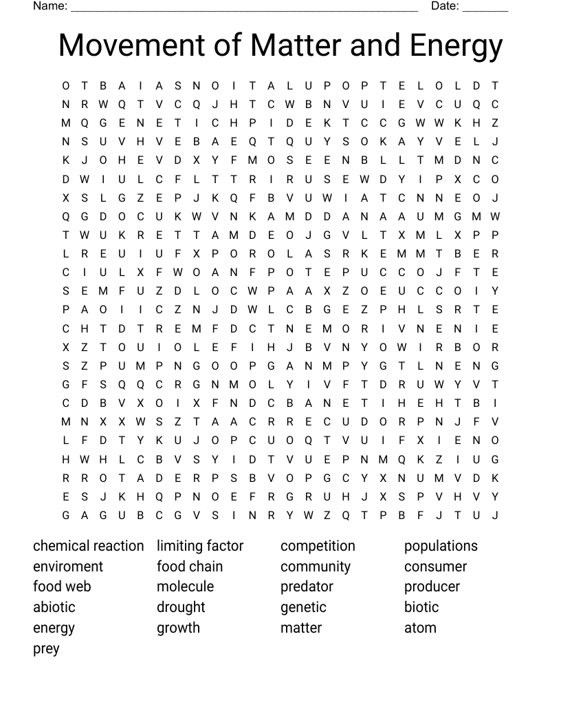 Movement of Matter and Energy Word Search - WordMint