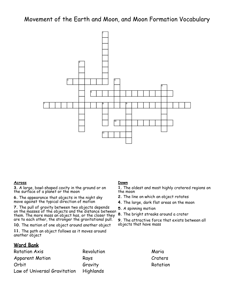 Movement of the Earth and Moon, and Moon Formation Vocabulary Crossword ...