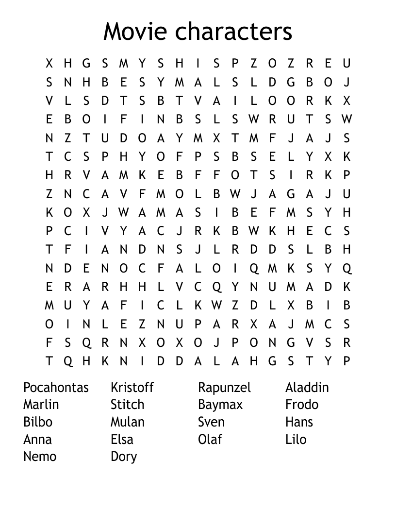 Movie Characters Word Search WordMint