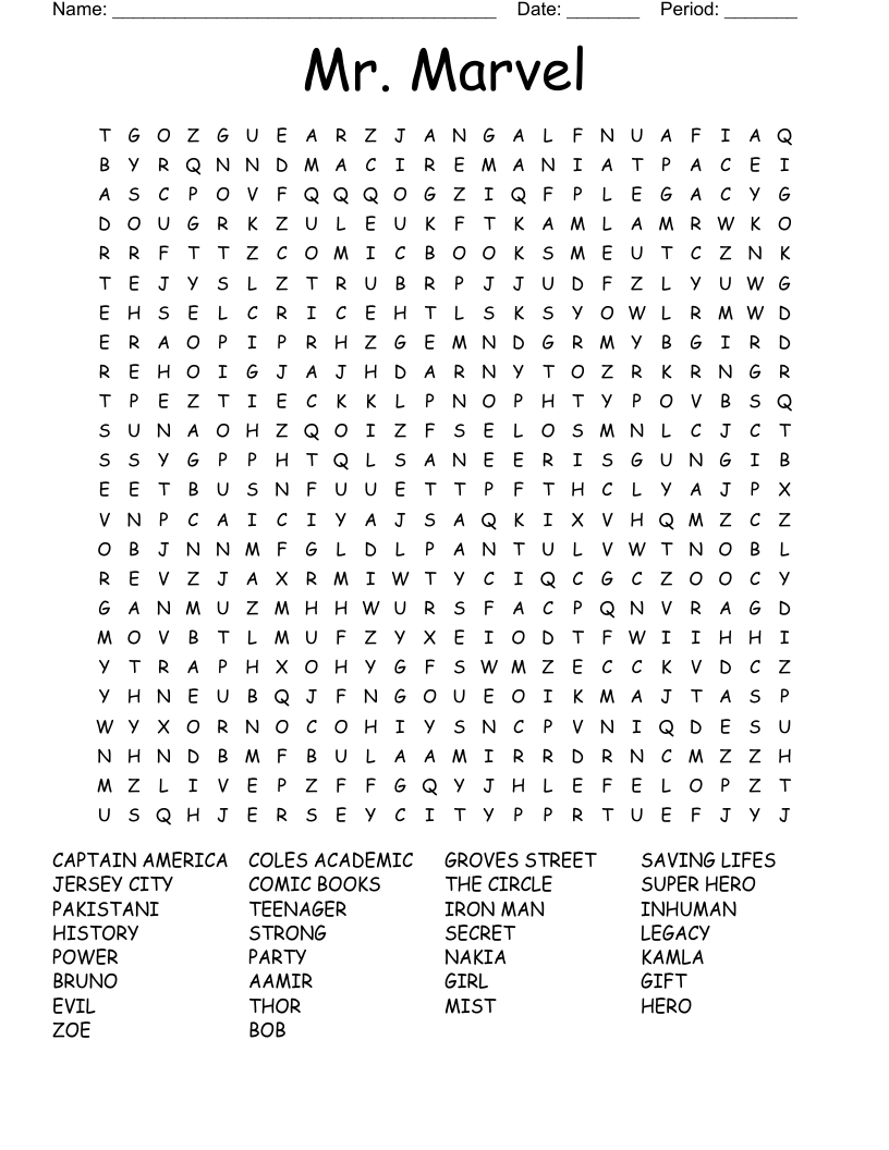 Mr. Marvel Word Search - WordMint