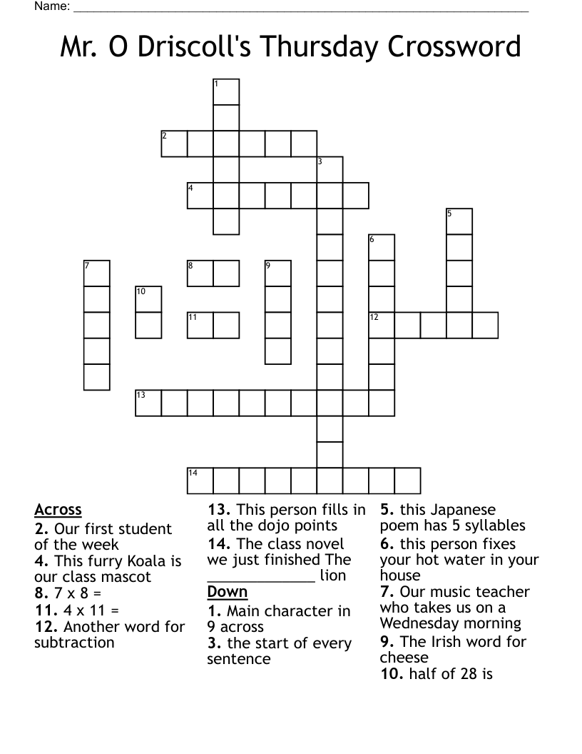 Mr. O Driscoll's Thursday Crossword - WordMint