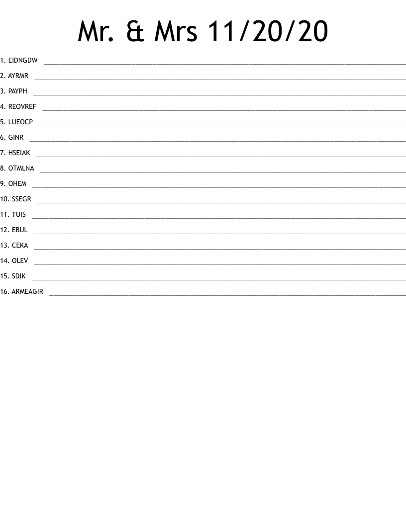 Mr. & Mrs 11/20/20 Word Scramble - WordMint
