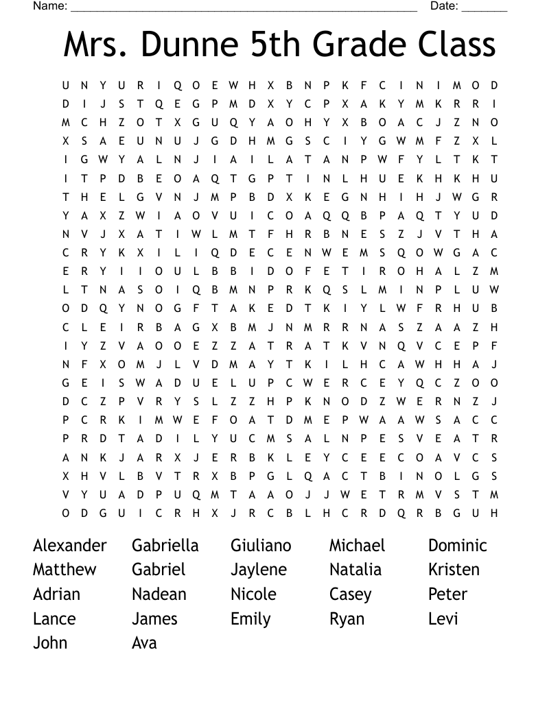 Mrs Dunne 5th Grade Class Word Search WordMint