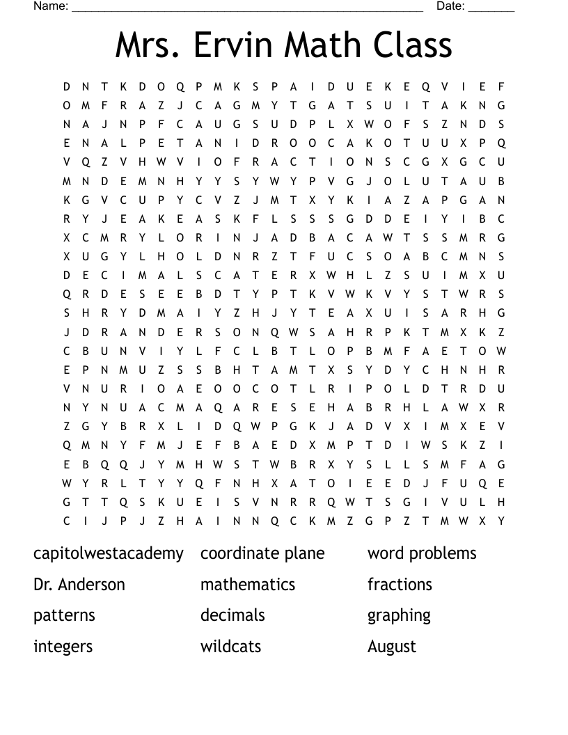 Mrs. Ervin Math Class Word Search - WordMint