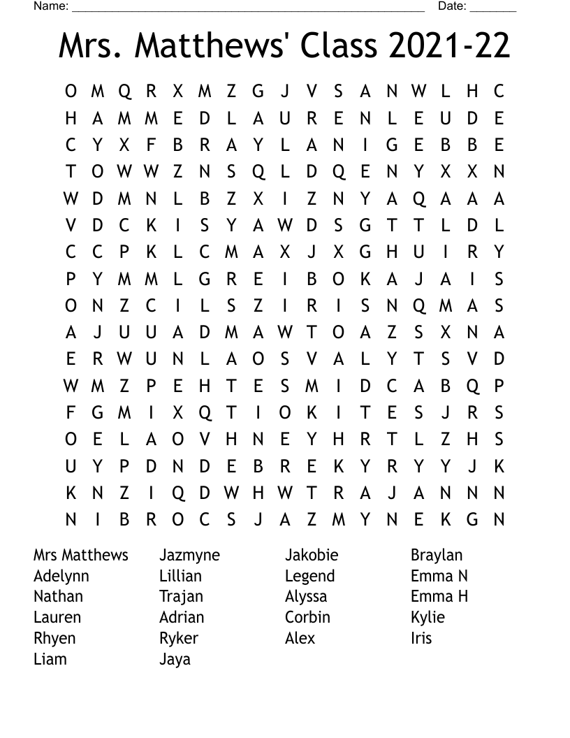 Mrs. Matthews' Class 2021-22 Word Search - WordMint