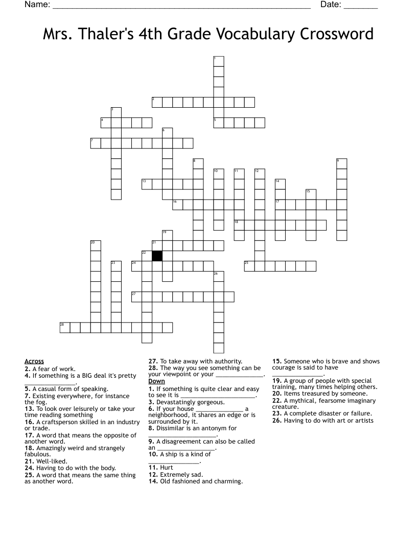Mrs. Thaler's 4th Grade Vocabulary Crossword - WordMint