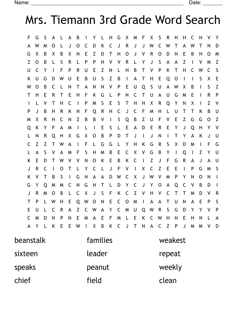 Mrs. Tiemann 3rd Grade Word Search - WordMint
