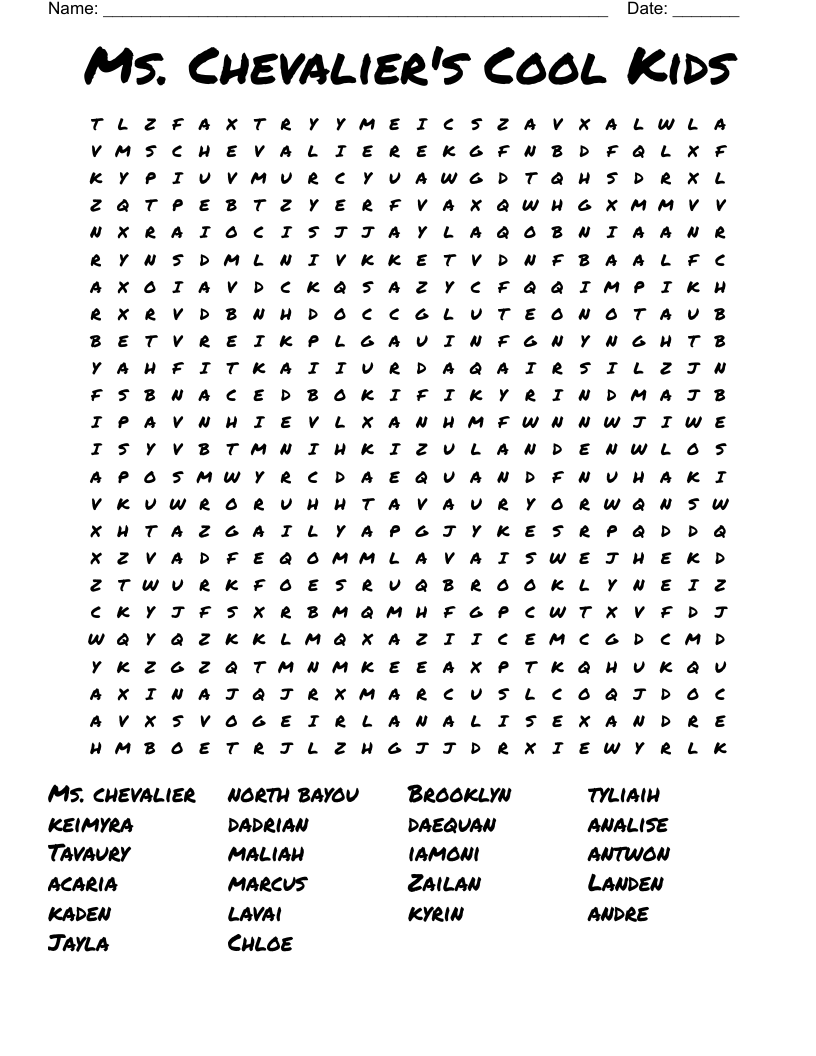 Ms. Chevalier's Cool Kids Word Search - WordMint