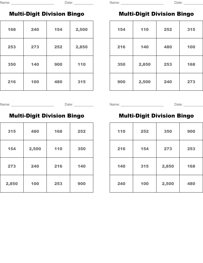 Multi-Digit Division Bingo - WordMint