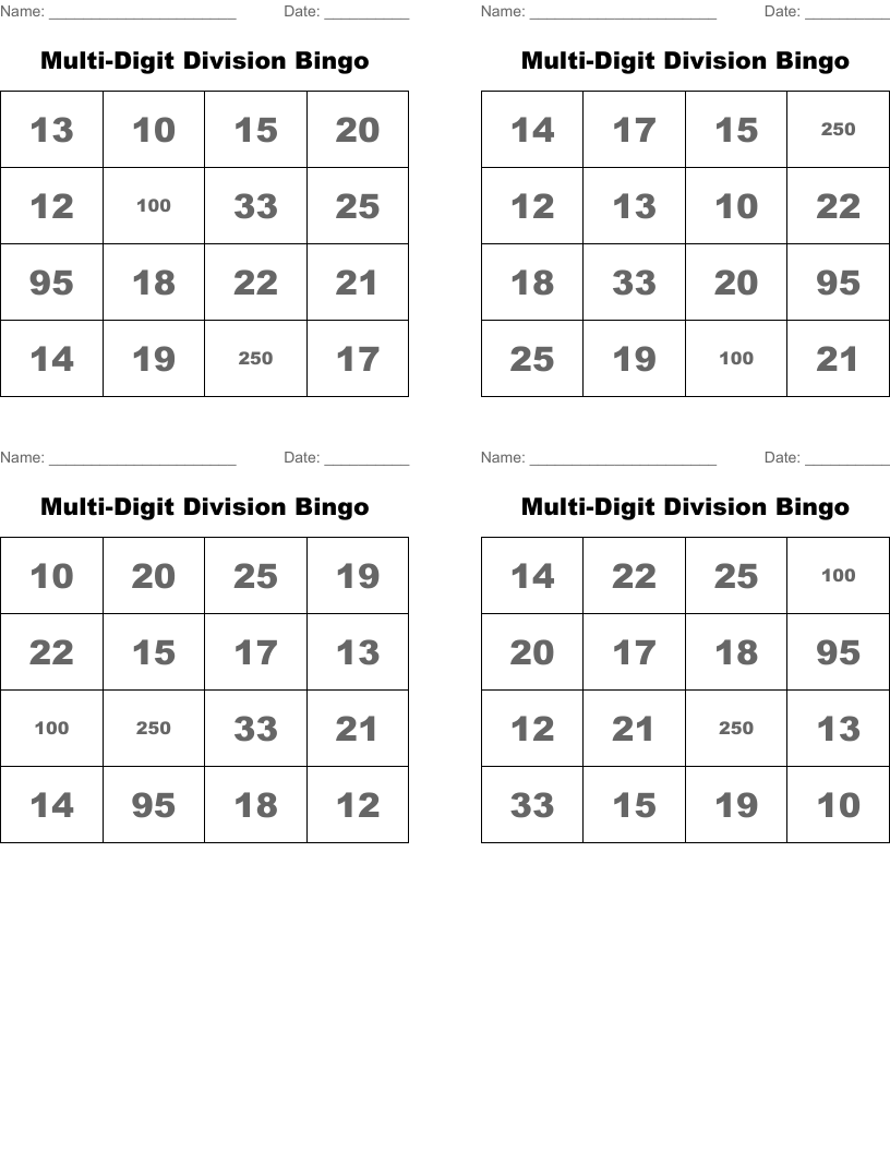 Multi-Digit Division Bingo - WordMint