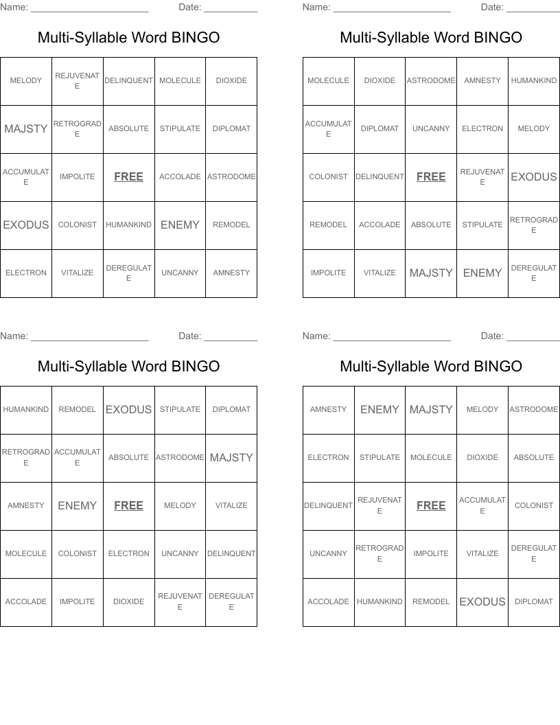 Multi-Syllable Word BINGO - WordMint